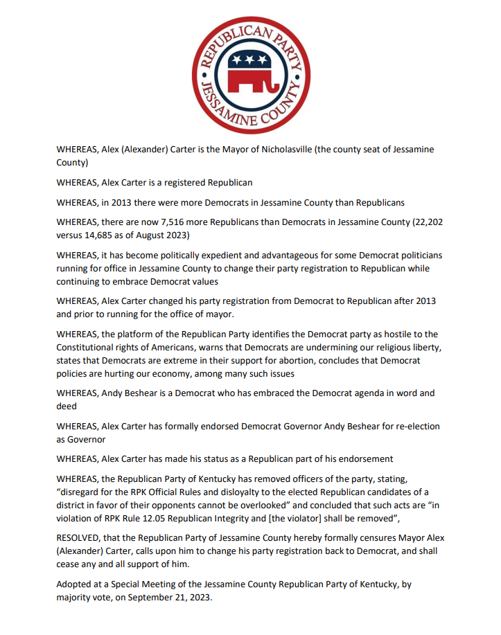 Alex Carter Censured by Republican Party of Jessamine County